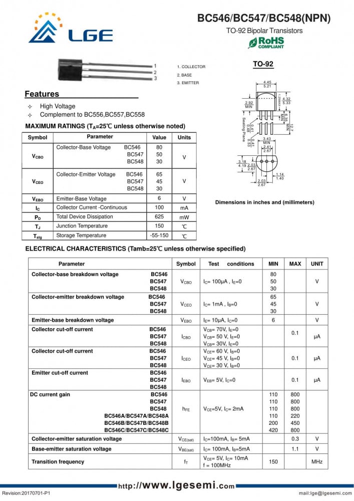 LGE BC546B datasheet page 1