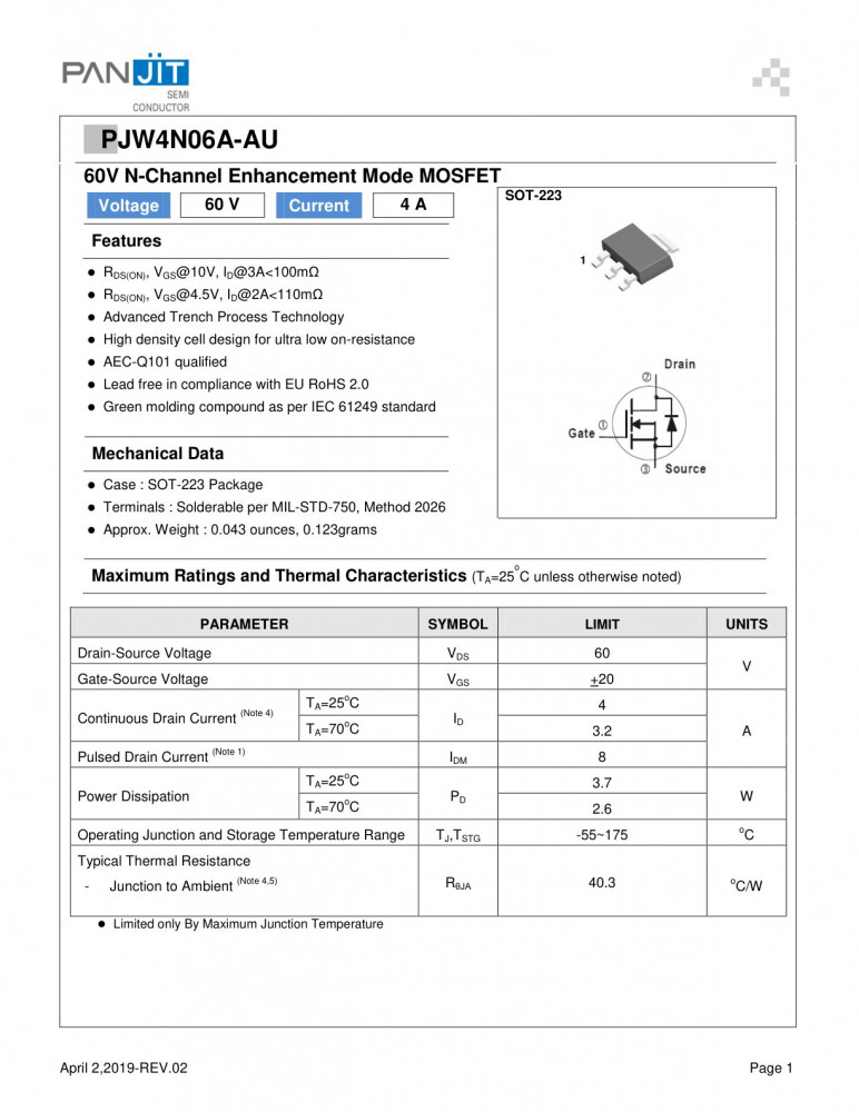 PJW4N06A-AU datasheet page 1