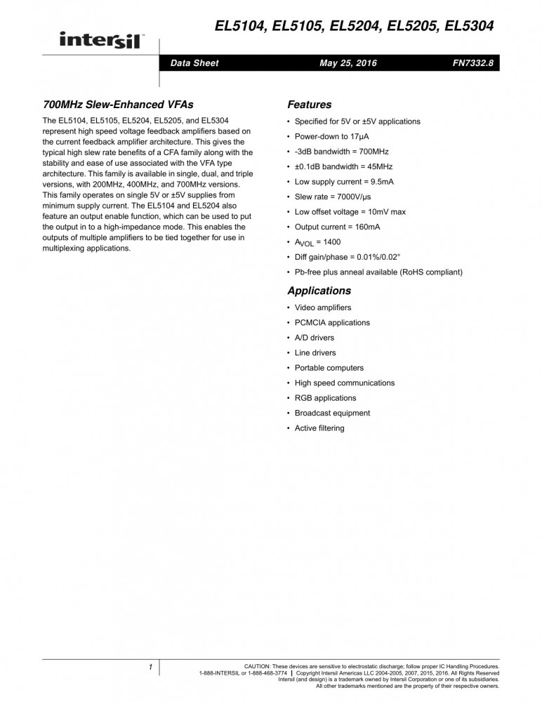 EL5304IUZ datasheet page 1