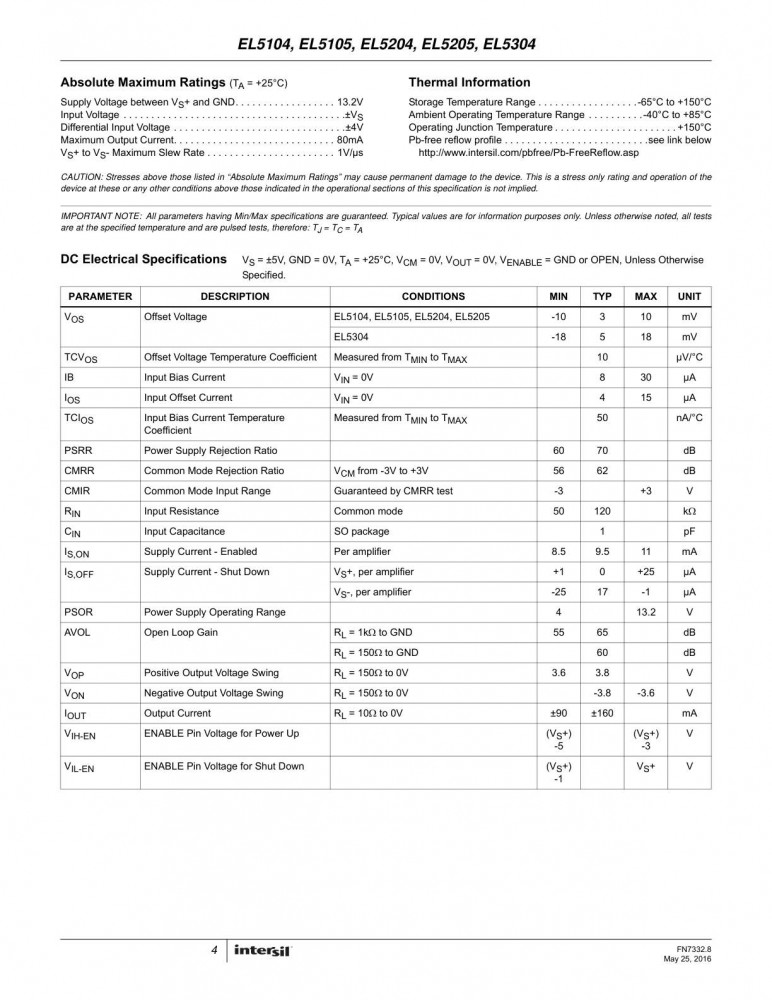 EL5304IUZ datasheet page 4