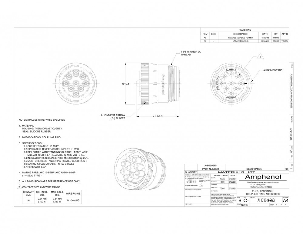 Amphenol AHD16-9-96S technical drawing page 1