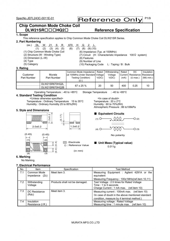 DLW21SR670HQ2L specification page 1