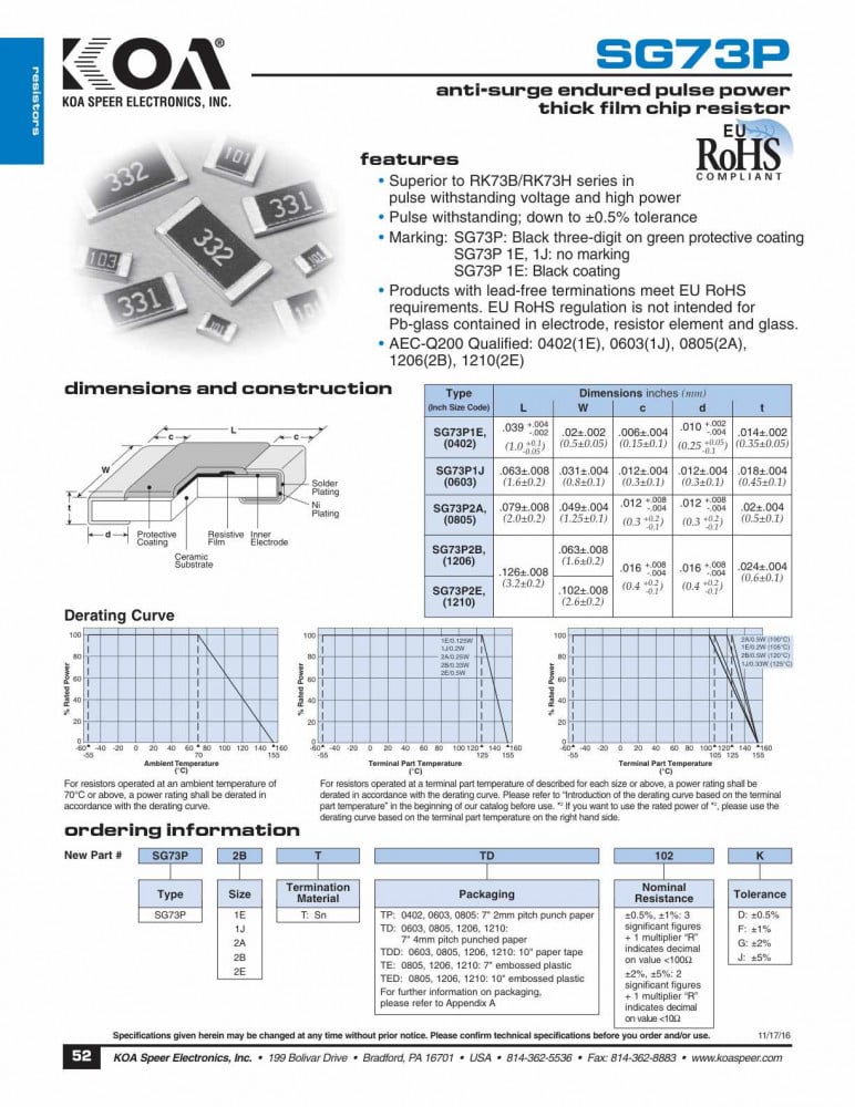 KOA SG73P series datasheet page 1