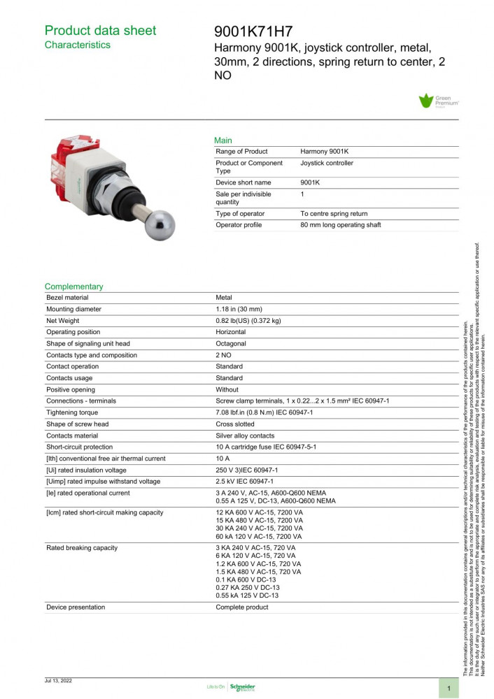 9001K71H7 technical document page 1