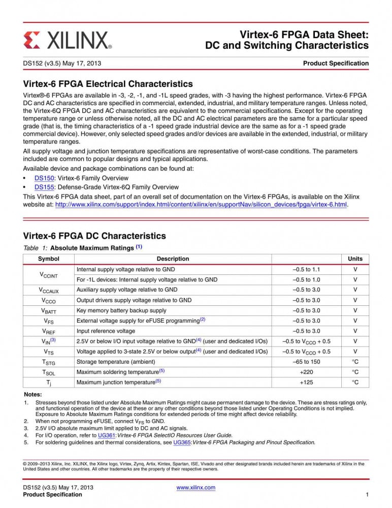 Virtex-6 electrical characteristics datasheet page 1