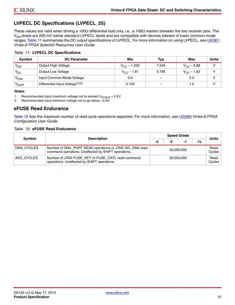 Virtex-6 electrical characteristics datasheet page 10