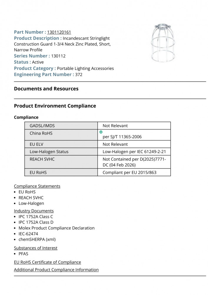 Product documentation image 1 for MOLEX 1301120161