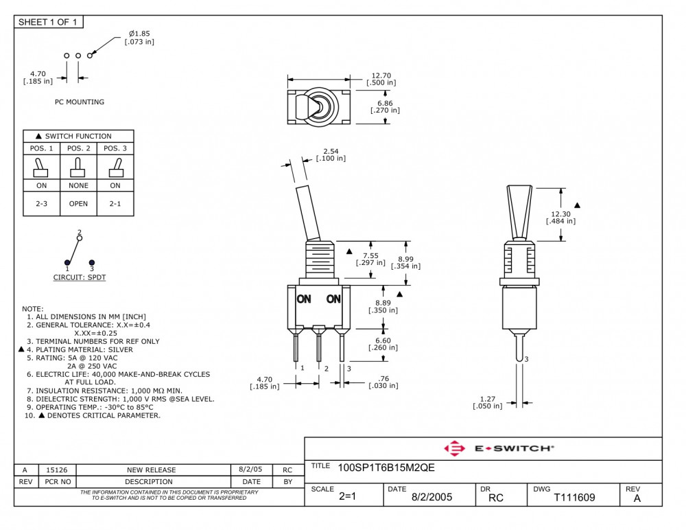 E-Switch 100SP1T6B15M2QE product drawing