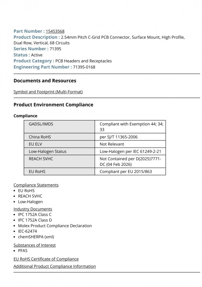 Technical document page 1 for MOLEX 15453568