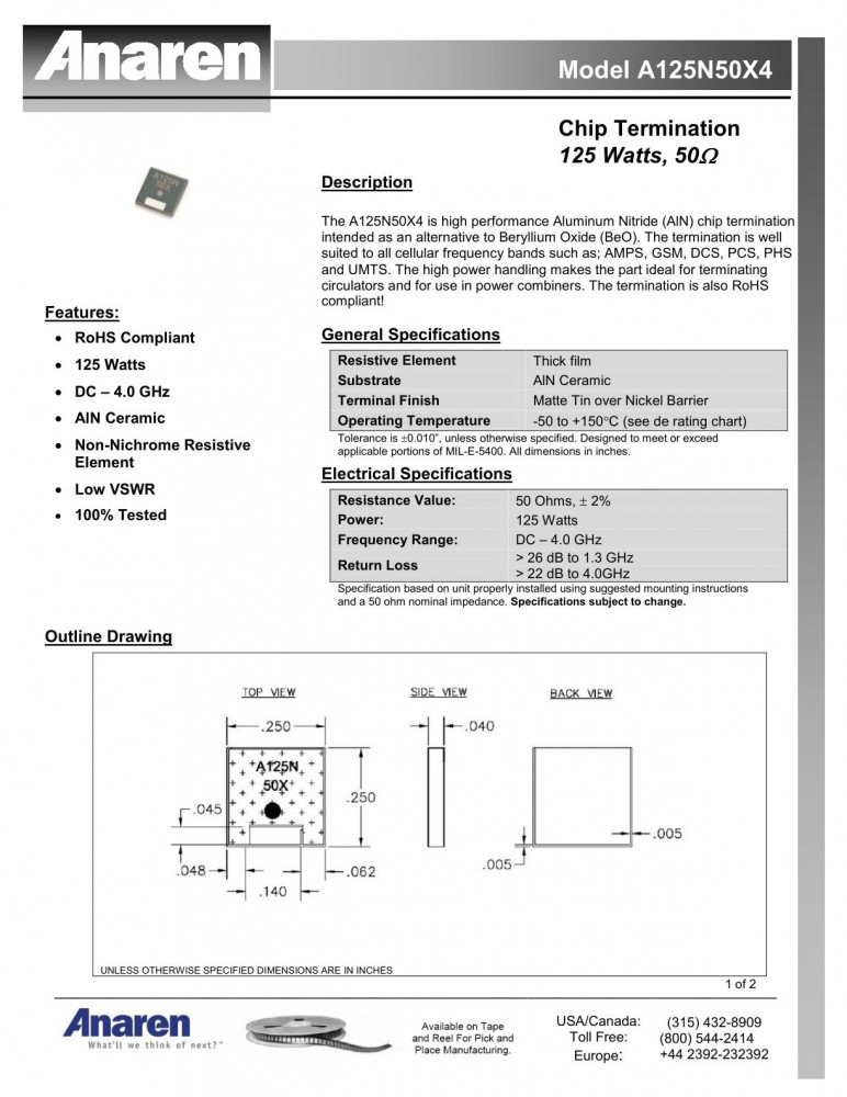 A125N50X4 technical document page 1