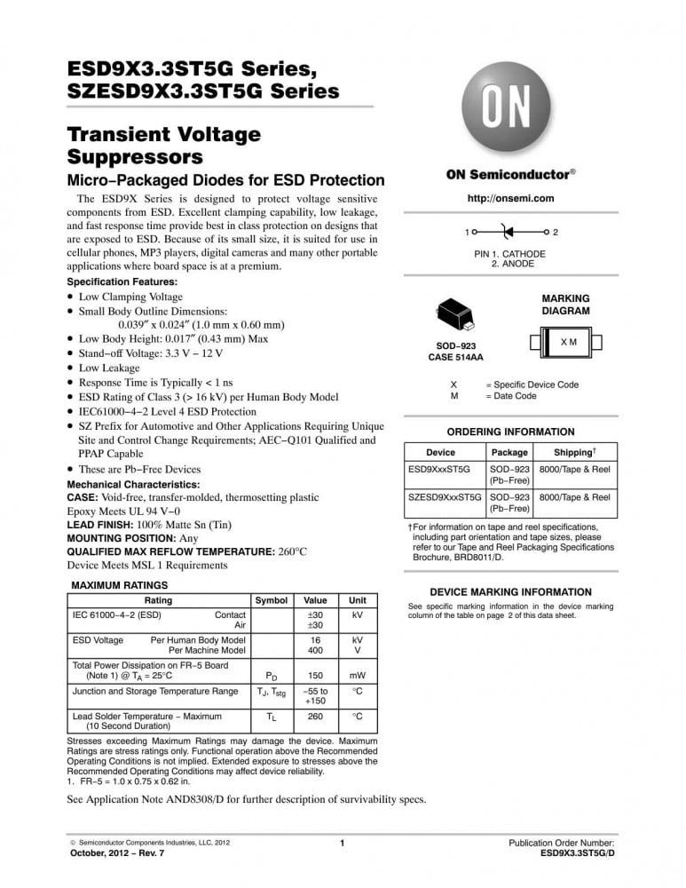 ESD9X3.3ST5G datasheet page 1