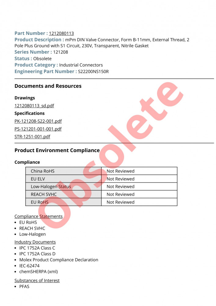 DIN valve connector product specification preview, page 1