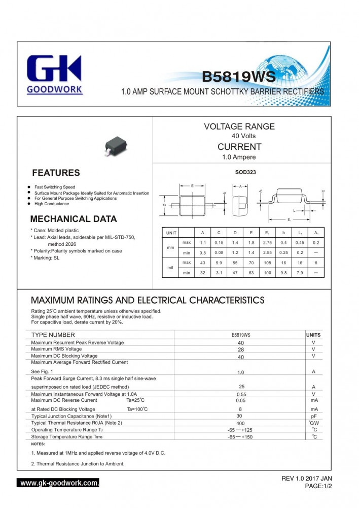 B5819WS datasheet page 1