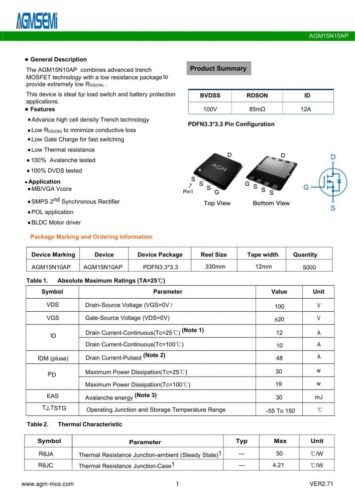 AGM15N10AP datasheet page 1
