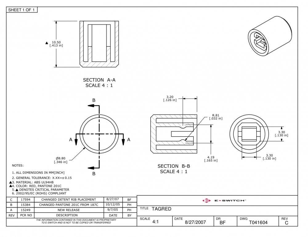 E-Switch TAGRED technical drawing
