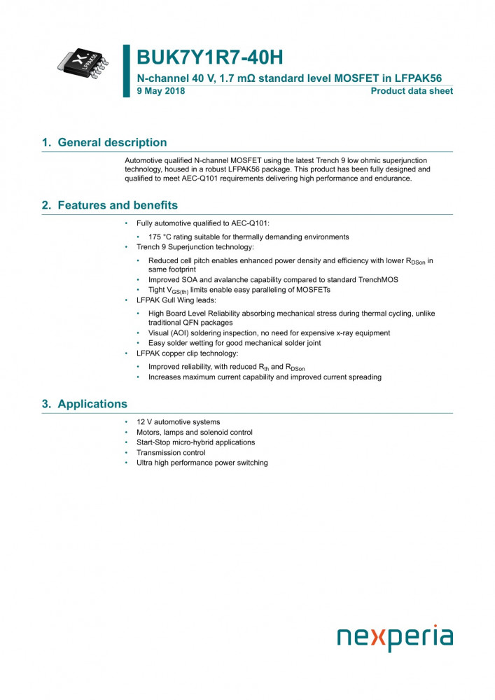 BUK7Y1R7-40HX datasheet page 1