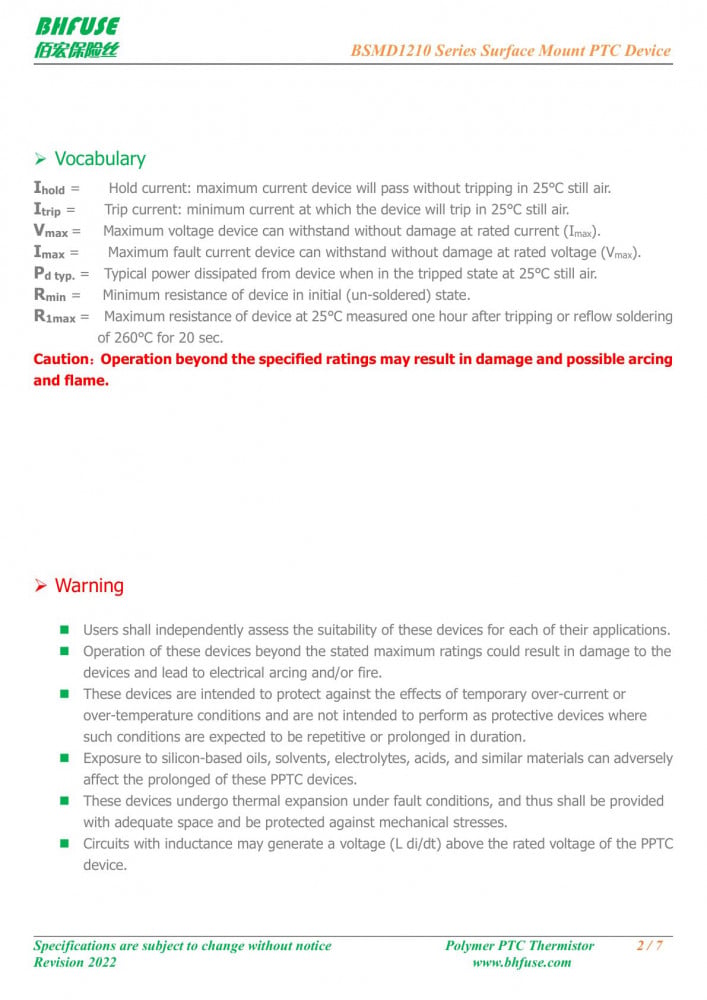 BHFUSE BSMD1210 PPTC datasheet page 2