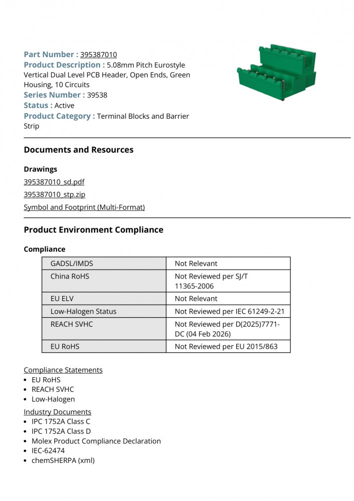 MOLEX 395387010 technical document page 1