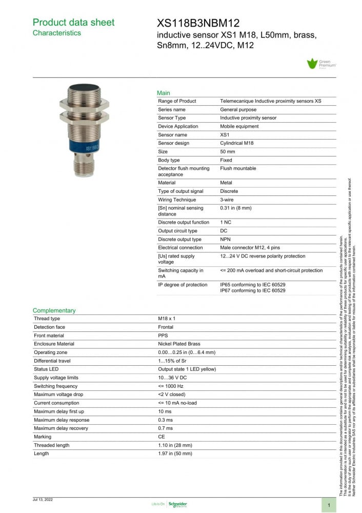 XS118B3NBM12 technical document page 1