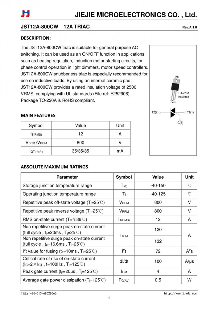 JST12A-800CW datasheet page 1