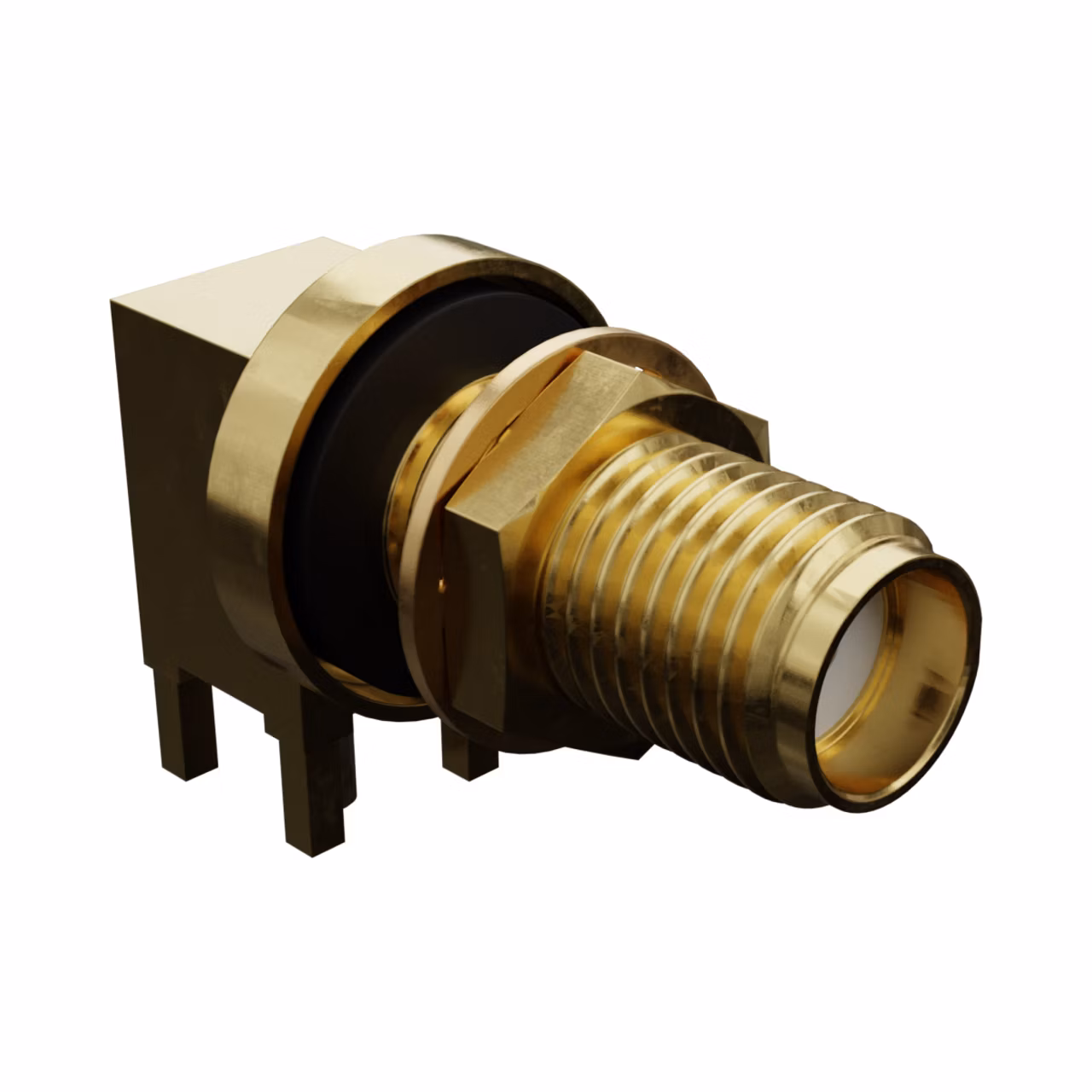 SMA Jack, Right-Angle, Bulkhead Receptacle, PCB, Through Hole, Brass Body, Gold (Au) Plated, with Jam Nut, Lockwasher and Gasket, IP66, 3.00mm Leg Length, 54 Pieces Per Tray, 50 Ohms for sale
