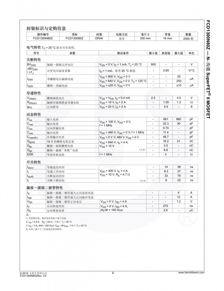 FCD1300N80Z datasheet page 3
