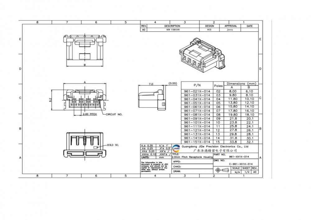JIDC 2.0 mm pitch receptacle housing drawing, page 1