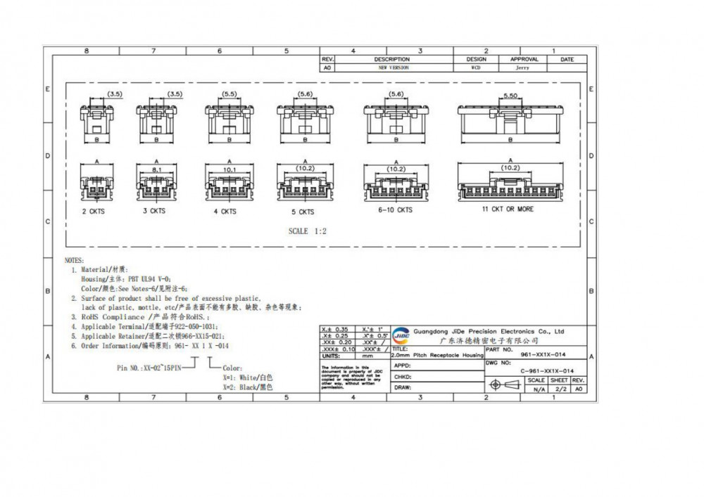 JIDC 2.0 mm pitch receptacle housing drawing, page 2