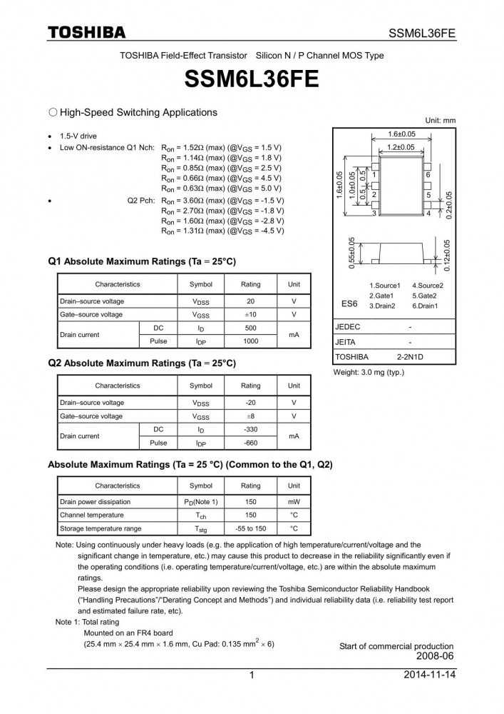 SSM6L36FE,LM datasheet page 1