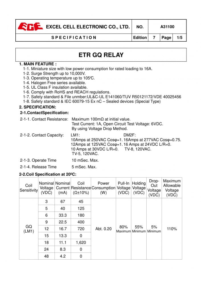 ECE ETR-GQ relay specification page 1
