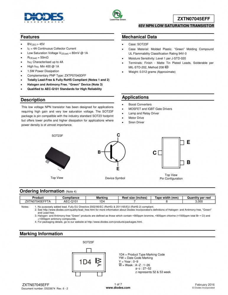 ZXTN07045EFFTA datasheet page 1