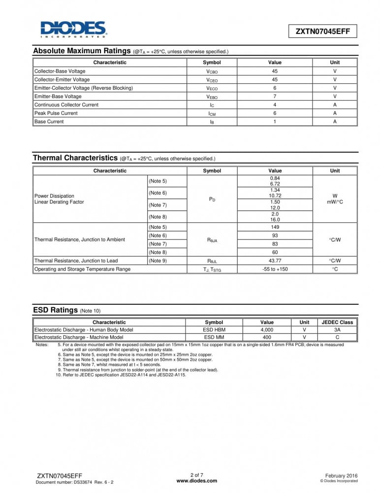 ZXTN07045EFFTA datasheet page 2