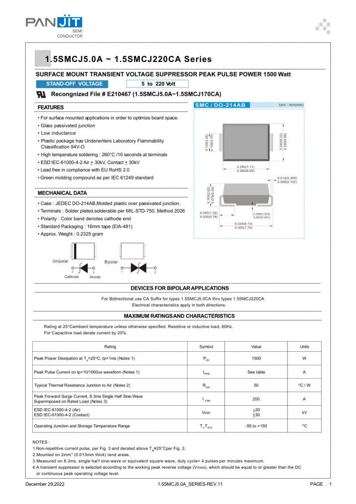PANJIT 1.5SMCJ series datasheet page 1