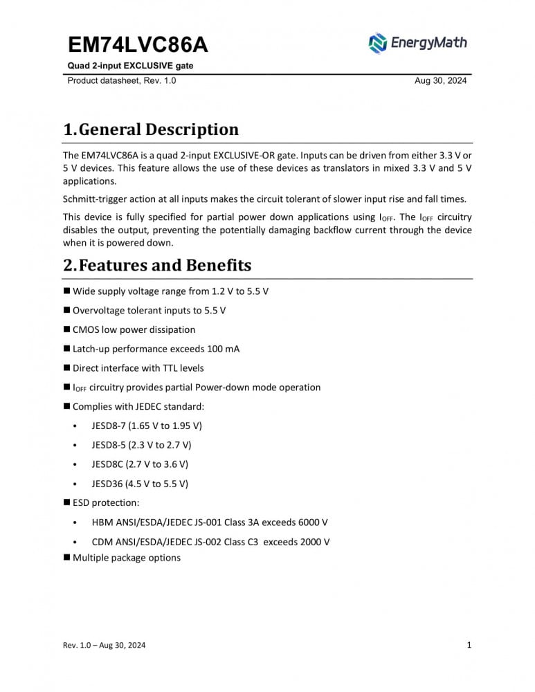 EM74LVC86APW datasheet page 1