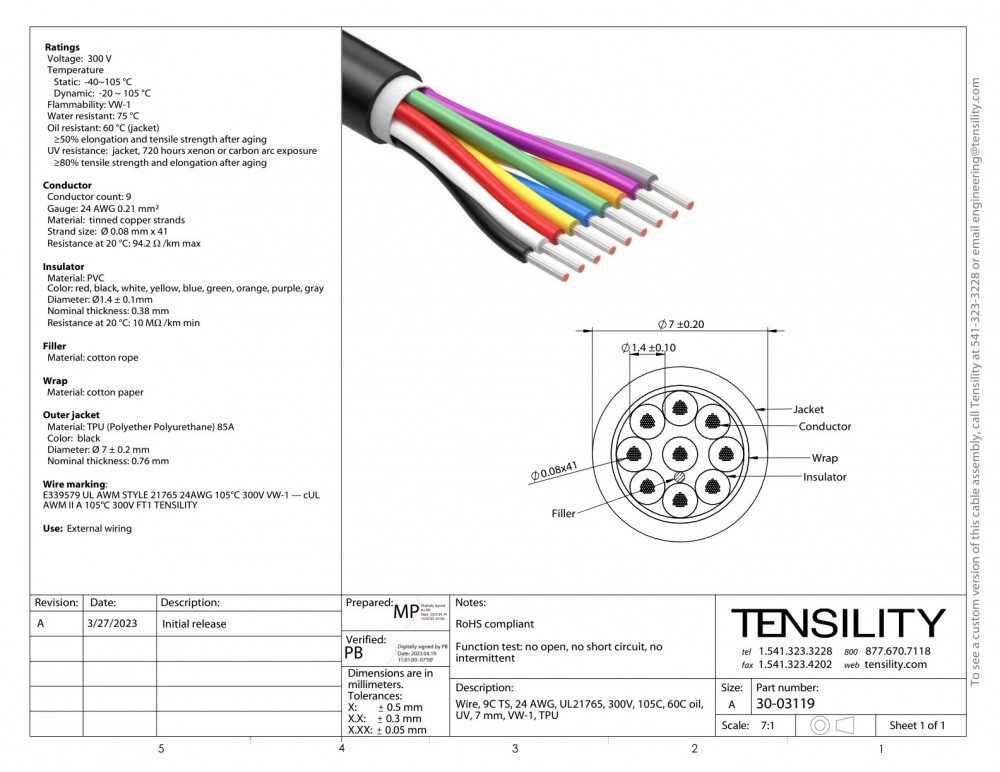 Tensility International 30-03119 cable specification drawing