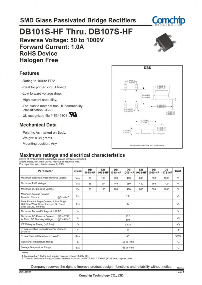 Comchip DB107S-HF datasheet page 1