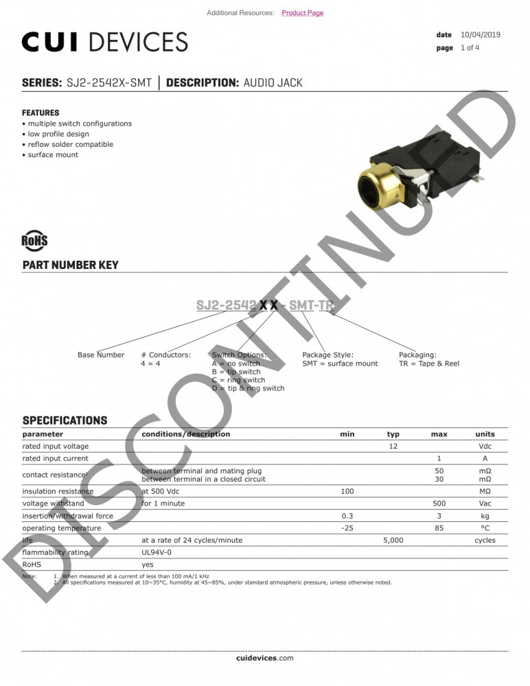 CUI SJ2-25424D-SMT-TR datasheet page 1