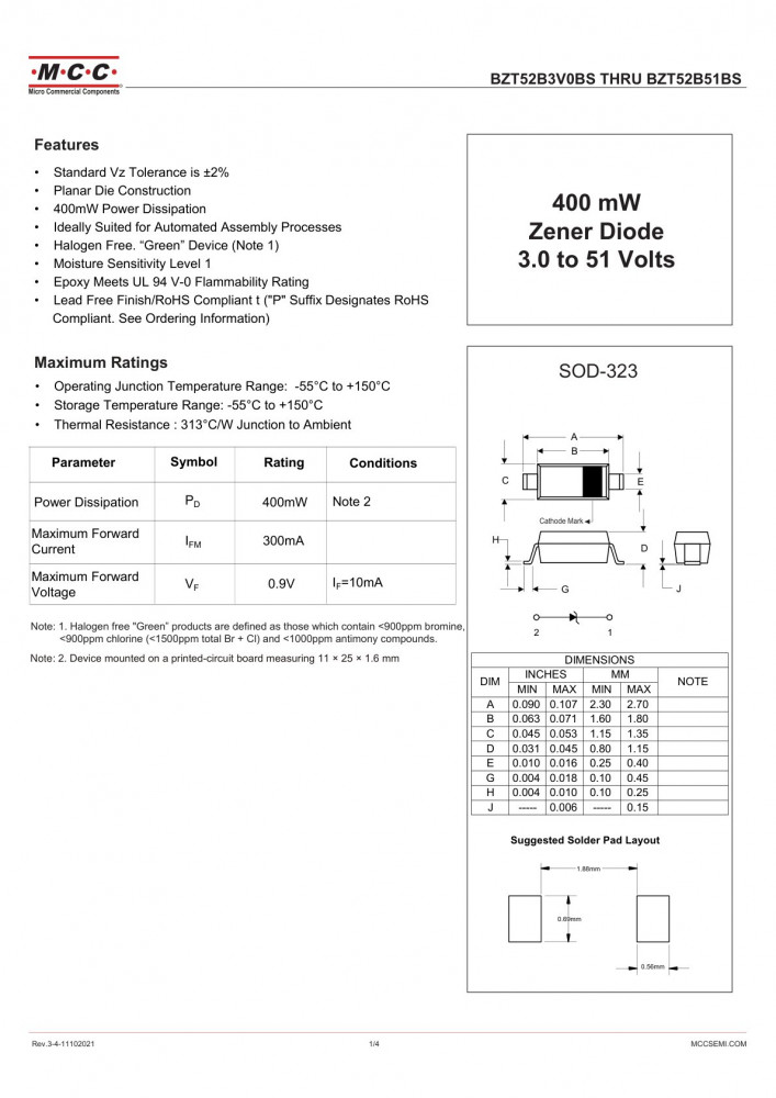 MCC BZT52B3V0BS-TP datasheet page 1