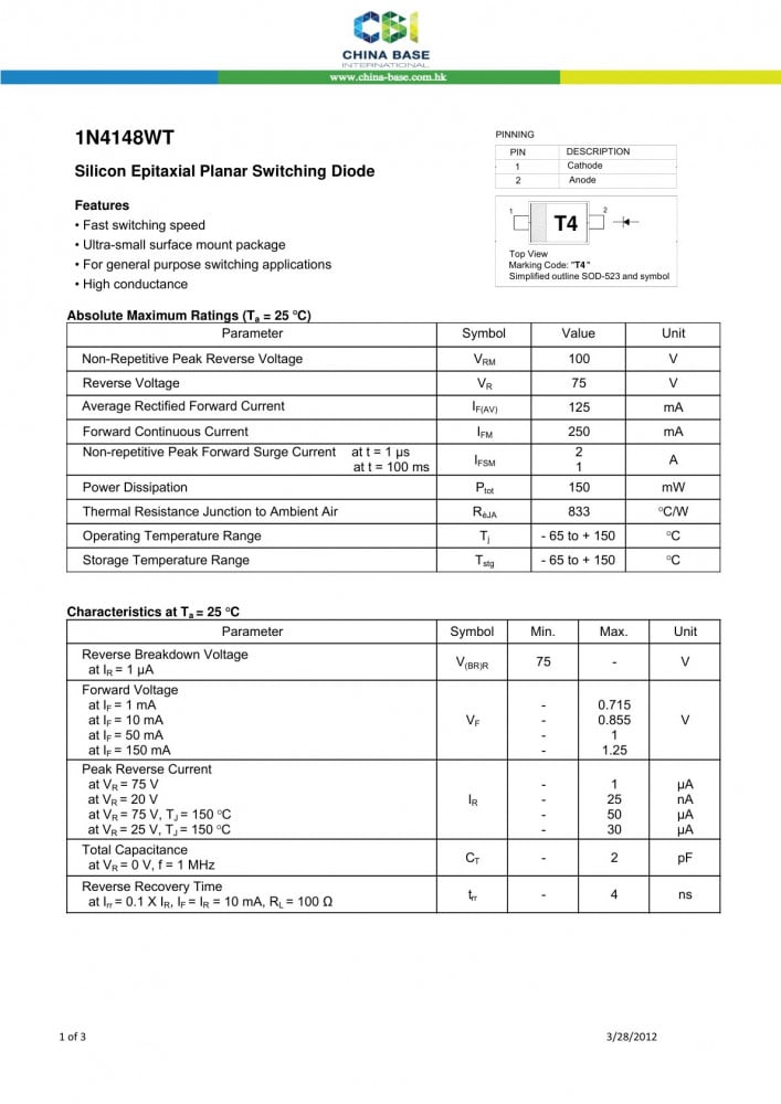 CBI 1N4148WT datasheet page 1