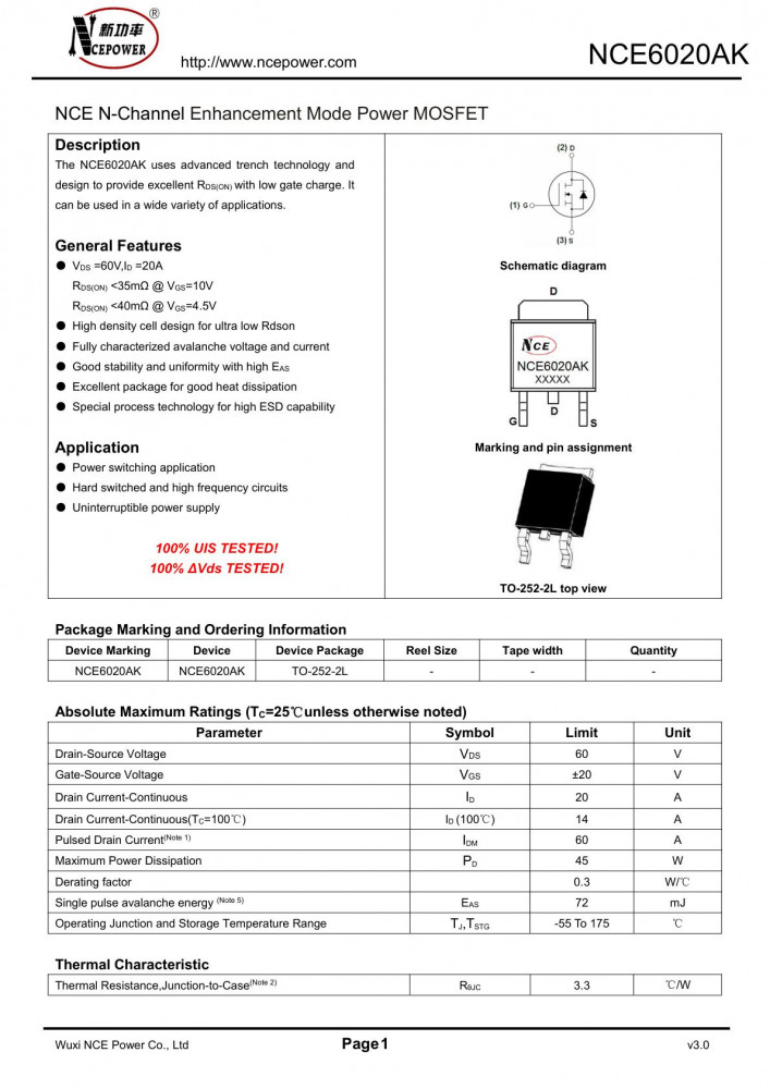 NCE6020AK datasheet page 1