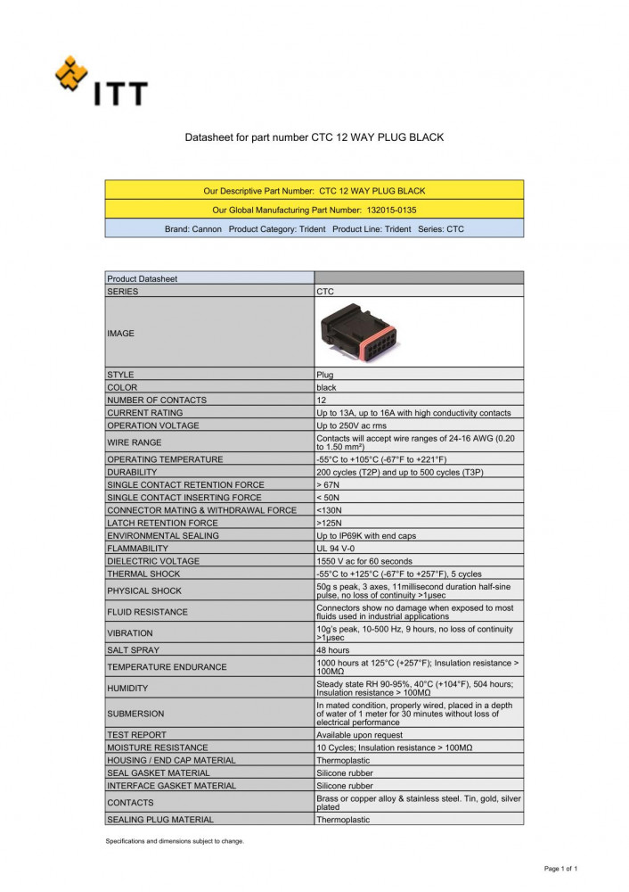 ITT CANNON Trident CTC product datasheet preview
