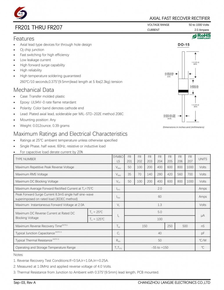 FR207 datasheet page 1