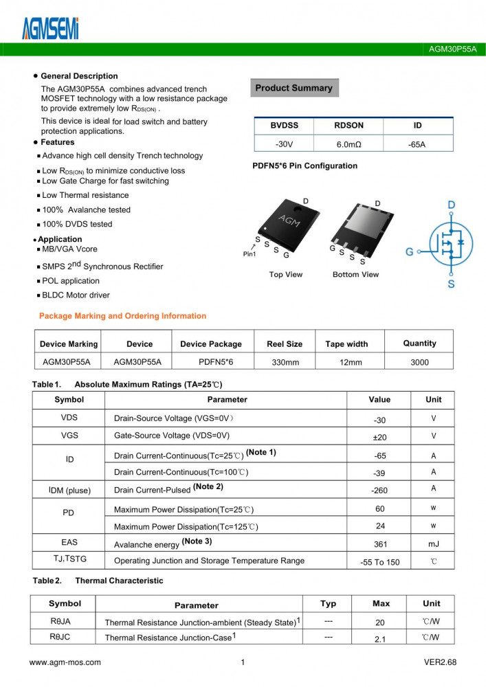 AGM30P55A technical document page 1