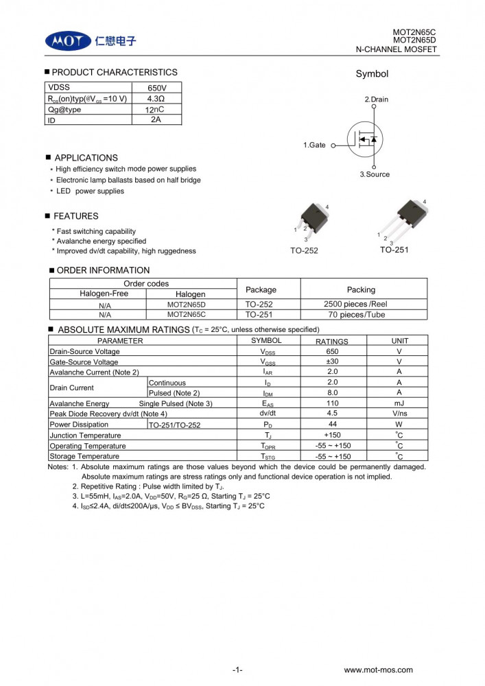 MOT2N65C datasheet page 1