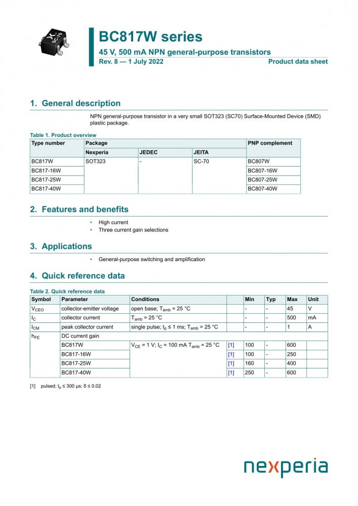BC817W datasheet page 1
