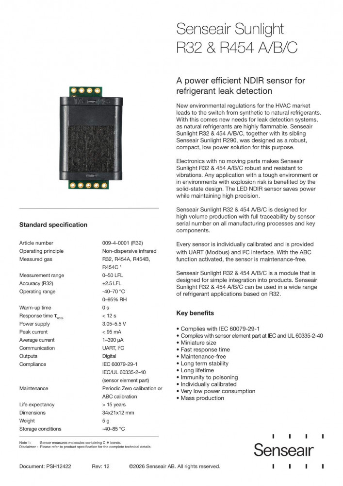 Senseair Sunlight R32 product documentation page