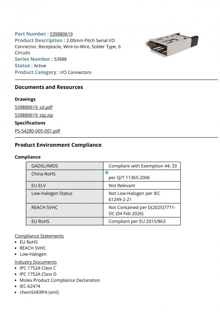 MOLEX 539880619 technical document preview, page 1