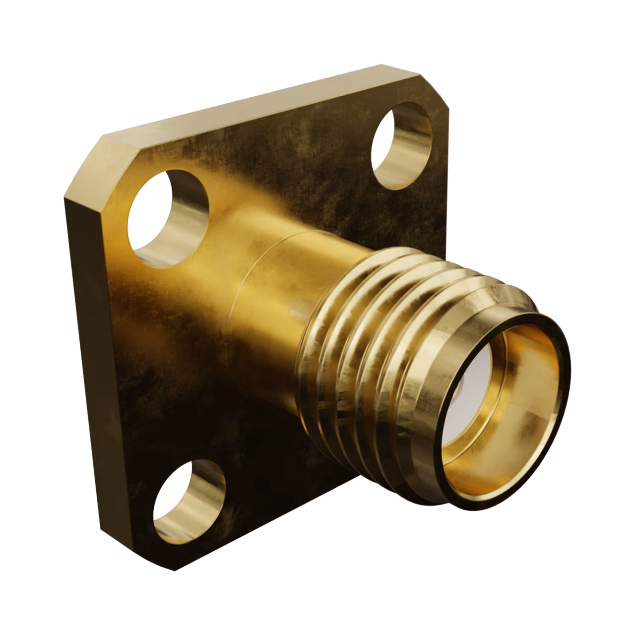 SMA Jack, Straight, 4-Hole Flange Mount, Receptacle, Brass Body, Gold (Au) Plated, Solder Cup Contact, One Piece Per Bag, 50 Ohms for sale