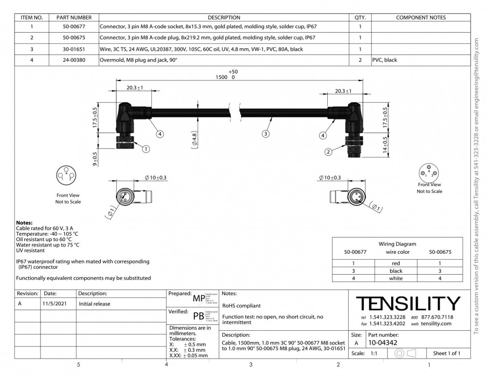 Technical drawing for Tensility International cable assembly 10-04342