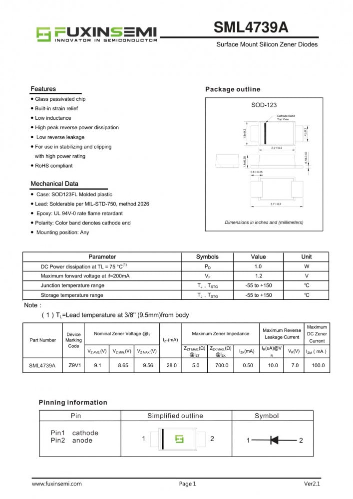 SML4739A datasheet page 1